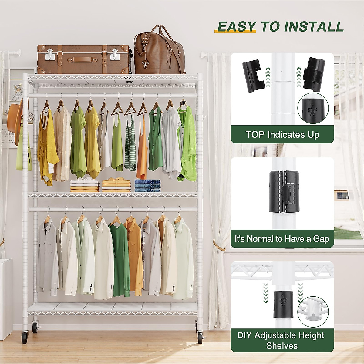 LEHOM G1L 3 Tiers Garment Rack with Storage Shelves, Heavy Duty Rolling Free-Standing Clothing Rack Closet Organizer with Double Rods/Lockable Wheels & 2 Side Hooks, Max Load 450 LBS, White