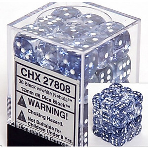 Chessex Dice d6 Sets: Nebula Black with White - 12mm Six Sided Die (36) Block of Dice