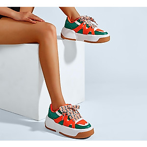LUCKY STEP Women’s Platform Fashion Sneakers Lace up Casual Faux Leather Comfortable Thick Sole Tennis Walking Shoes (Green/Orange, 7 B(M) US)