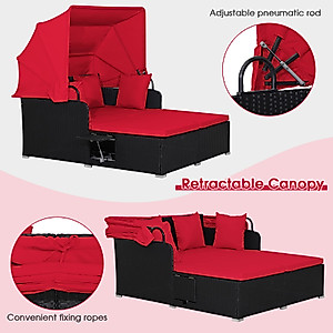 LDAILY Moccha Outdoor Daybed with Retractable Canopy, Wicker Cabana with 2 Side Tables & Soft Cushions,Hand-Woven PE Rattan Bed Lounger, Patio Sectional Furniture Set for Garden Backyard Porch (Red)