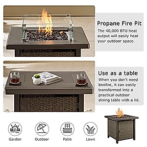 Art Leon 28in Gas Fire Pit Table, 40,000 BTU Outdoor Wicker Patio Propane Fire Pit Table with Lid, 11 Pound Amber Glass Rocks, CSA Certification, for Outside Patio, Garden, Backyard, Khaki