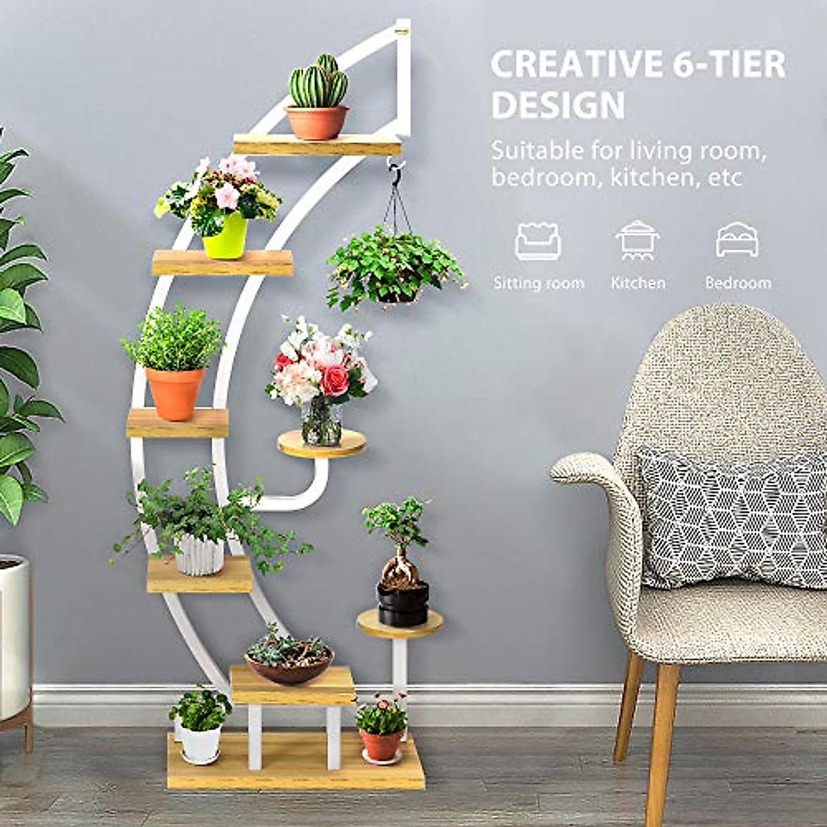 VIVOHOME 6 Tier 9 Potted Steel-wood Plant Stand with Hanger, Curved Flower Pot Holder Shelf for Indoor