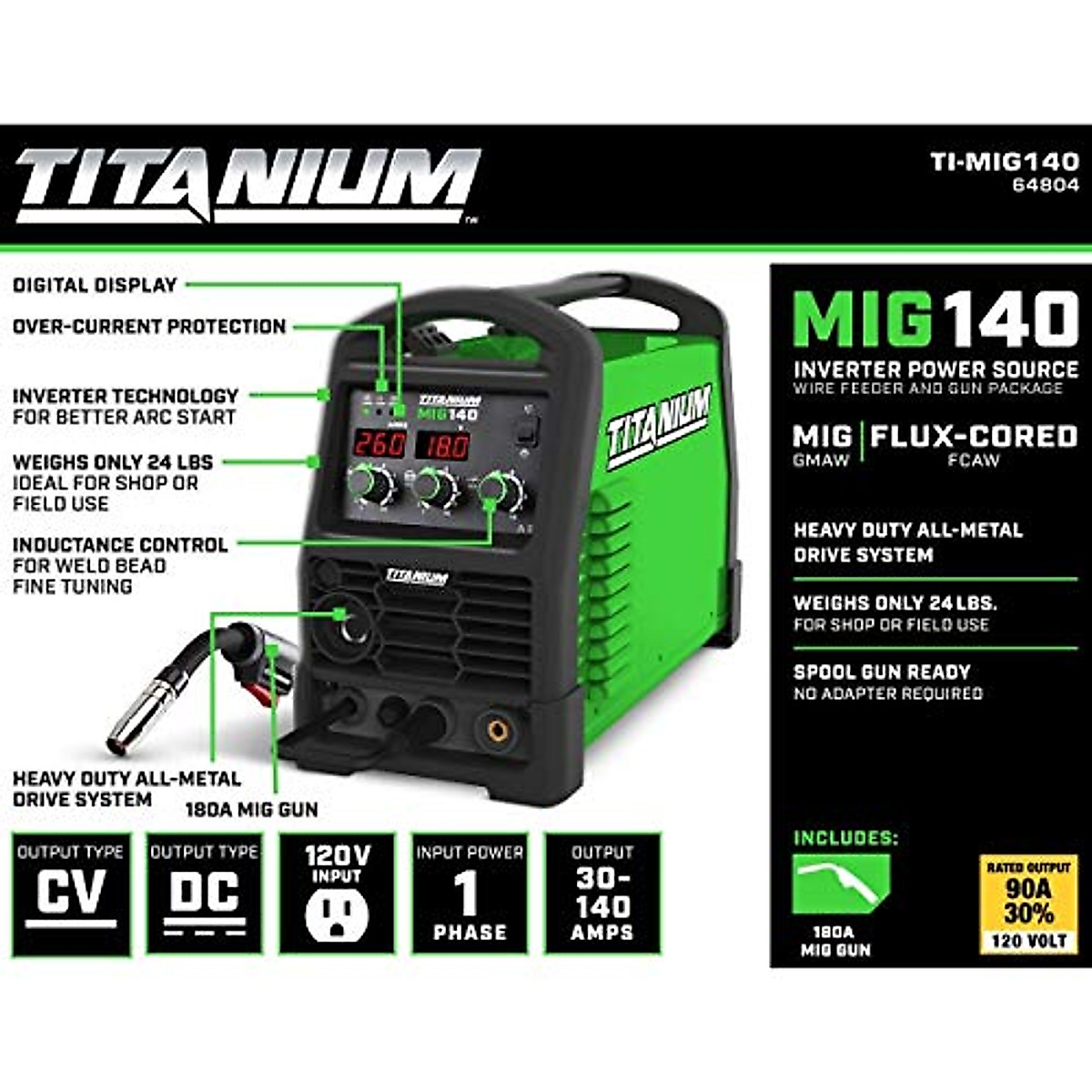 HFT MIG 140 Professional Welder With 120 Volt Input By TITANIUM With MIG Gun (Spool sold separately)