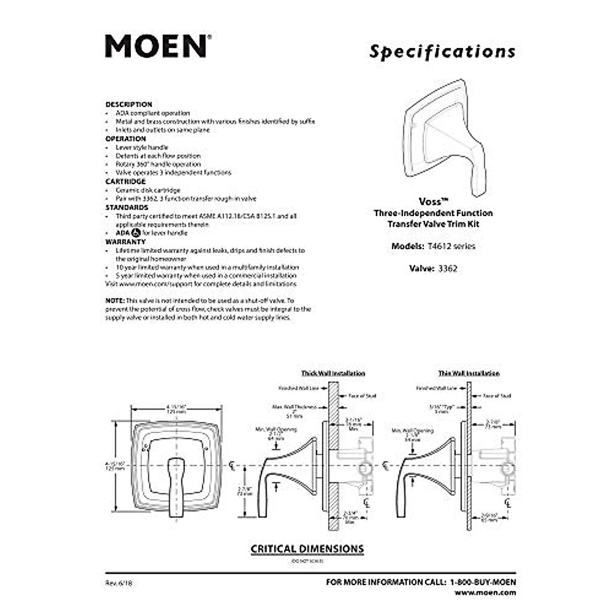 Moen T4612BG Voss Diverter 3-Function Shower Transfer Valve Trim Kit, Valve Required, Brushed Gold