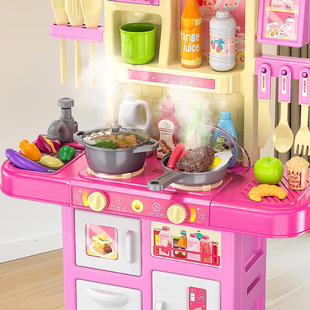 TEMI Kids Play Kitchen Playset - Pretend Play Kitchen Accessories for Toddlers 2-5 Years Old, Interactive Girls Toys Play with Lights and Sounds, Toddler Outdoor Playset Gifts for Boys