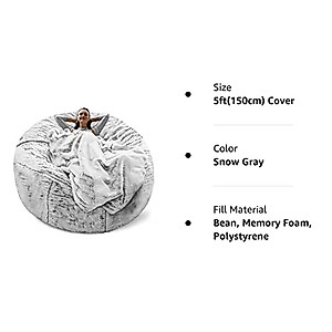 RAINBEAN Bean Bag Chair Cover(it was only a Cover, not a Full Bean Bag) Chair Cushion, Big Round Soft Fluffy PV Velvet Sofa Bed Cover, Living Room Furniture, Lazy Sofa Bed Cover,5ft Snow Gray