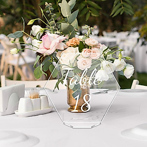 Zhanmai 30 Pcs Acrylic Table Numbers 1-30 for Wedding Table Numbers Hexagon Table Number Signs 5.5 x 5 Inch Clear Place Cards with Stand for Wedding Reception Events Party Restaurant (White Letter)