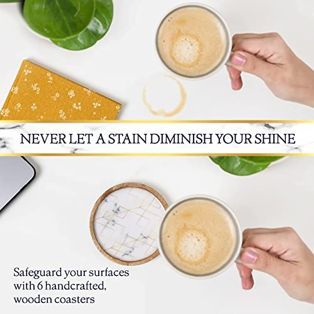 Wooden-Coasters-for-Drinks. Absorbent Wood Coaster Set of 6 with Holder. 4" Wide & 0.5" deep, Mango Wood - Coasters for Coffee Table Decor in White & Gold. Great as a Trinket Tray by Willow and Moore