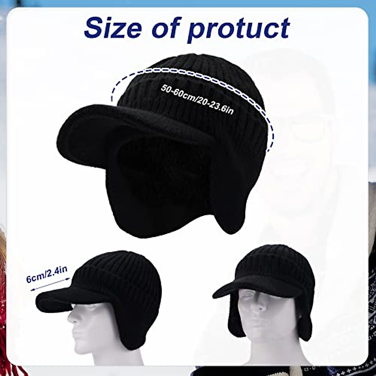 KINBOM Winter Beanie Hat, Men's Winter Visor Hat Winter Hat Knitted Earflaps Beanie Ski Beanie Hat Outdoor Fleece Hat for Men
