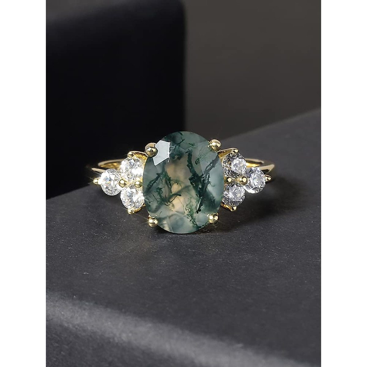 Gem's Beauty Green Moss Agate Jewelry Natural Moss Agate Engagement Gold Rings in 925 Sterling Silver for Women Wedding Moss Agate Ring Anniversary Jewelry Gift for Her (Size7)