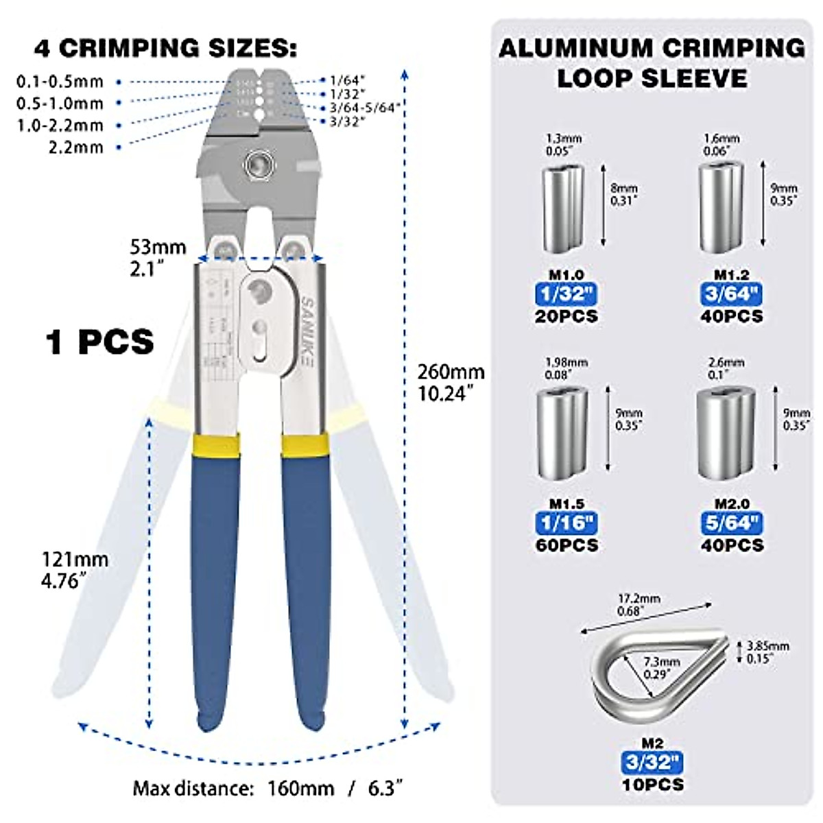 Sanuke Wire Rope Crimping Swaging Tool Cable Crimps up to 2.2mm(2/32inch) with 160pcs 4sizes Aluminum Double Barrel Ferrule Loop Sleeve and 10pcs Stainless Steel Thimble Assortment Kit