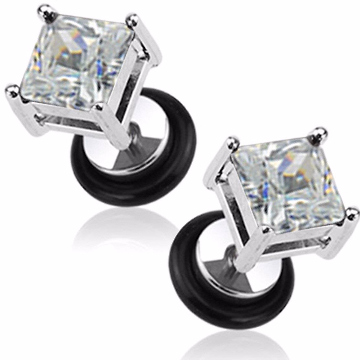 16g Surgical Steel Square Crystal Dia Cut Cheater Plug Earrings (Clear CZ)