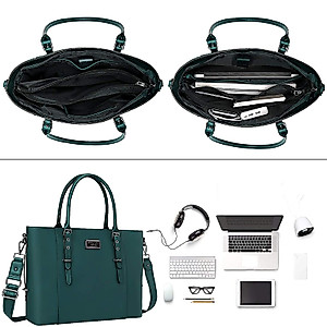 MOSISO PU Leather Laptop Tote Bag for Women (15-16 inch), Waterproof Large Capacity Business Work Briefcase Shoulder Laptop Bag, Deep Teal