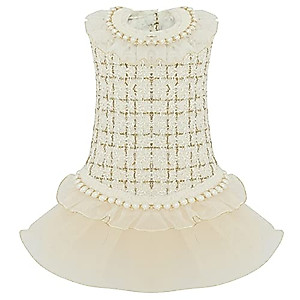 Dog Plaid Dress Lace Tulle Tutu Princess Skirt with Pearls Accessory for Small Girl Dogs Christmas Holiday Wedding Birthday Party (White, L)
