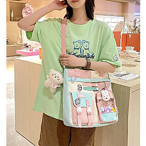 Aesthetic Messenger Bag with Kawaii Pins and Pendant for Women Cute Crossbody Bag Shoulder Tote Bag Casual Handbag(Pink &Green, One Size)