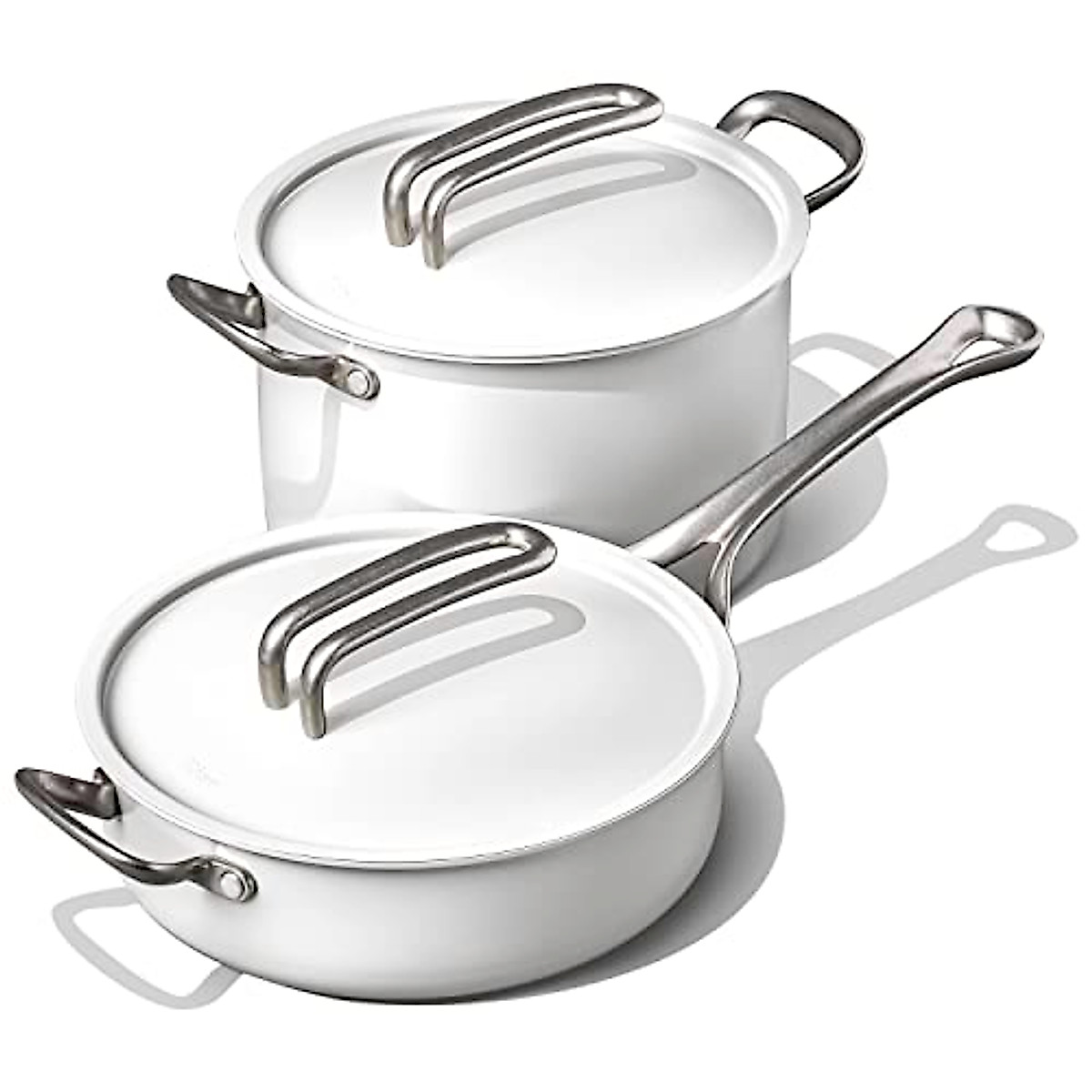 Risa Induction Cookware Pot and Pan Set by Eva Longoria - Nonstick, Ceramic Coating, Stainless Steel Handle Cookware Set - 10 inch Pot, 11 Inch Pan w/Lid - Natural Ivory - Kitchen Sets for Cooking