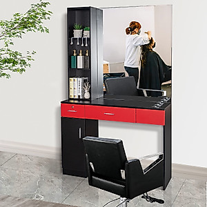 Mefeir Wall Mount Hair Styling Barber Station with Support Leg & Mirror,Hair Salon Equipment, Spa Furniture Set Red & Black