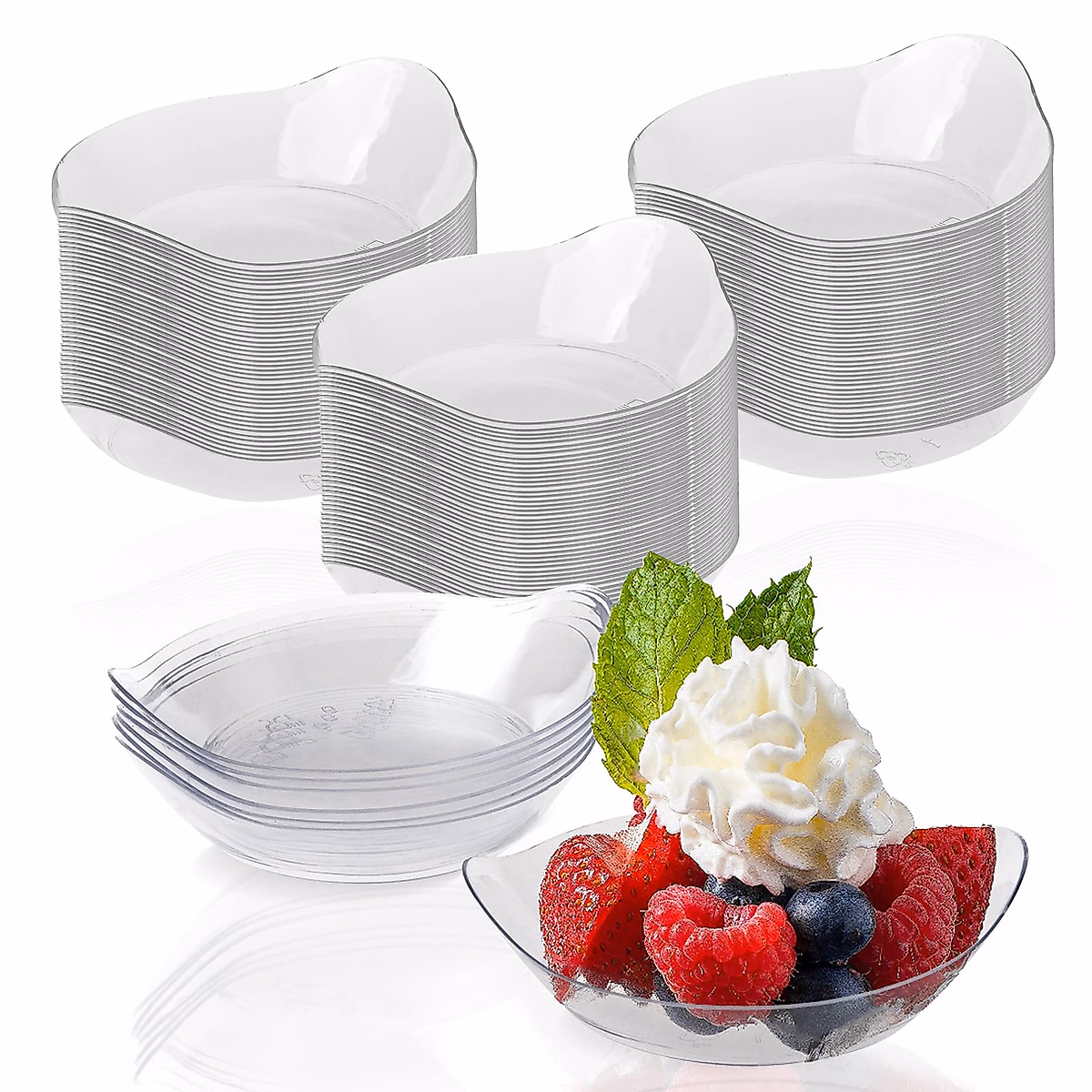 100 Pcs Dessert Plates, Mini Clear Disposable Dessert Bowls, Oval Plastic Ice Cream Cups Appetizer Tray, Sauce Dish/Bowls, Tomato Sauce, Salad Dressing for BBQ, Home, Party, Picnic, Wedding Gatherings