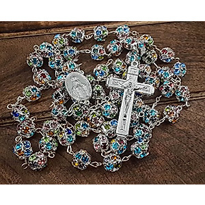 Nazareth Store Colorful Zirconia Crystal Beads Rosary Silver Catholic Necklace with Miraculous Medal Cross Crucifix Multicolor Rosaries in Velvet Bag