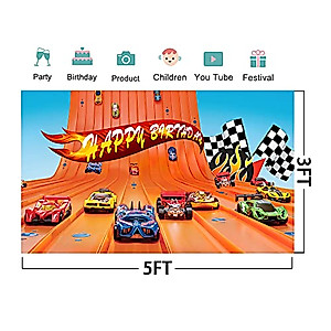 QQKCFOTO Hot Wheels Backdrops for Birthday Party Decorations Supplies, Red Car Photo Background for Cake Table Decorations, Hot Wheels Banner, Polyester 5x3ft
