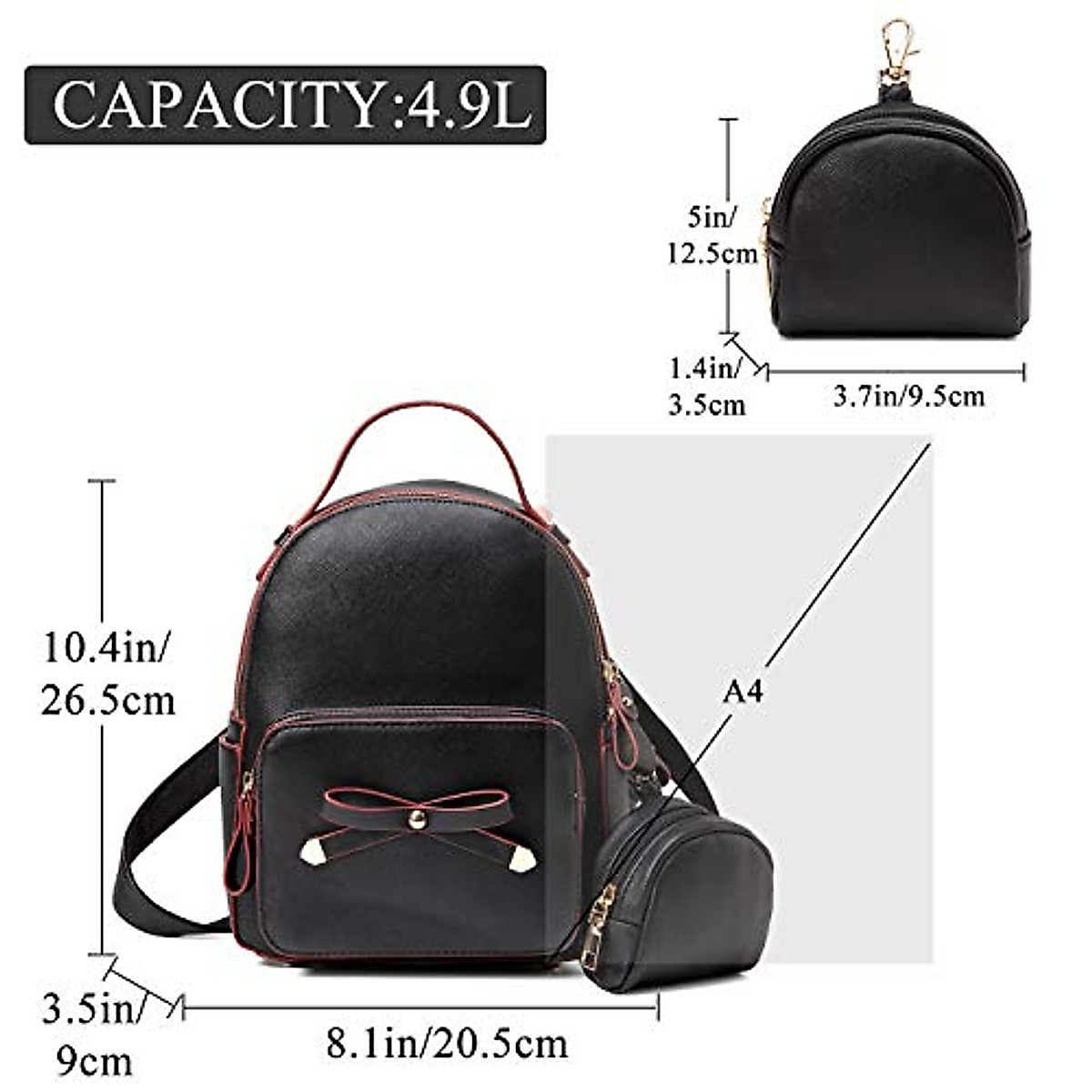 VASCHY Mini Backpack Purse, Cute Small Bow-knot Backpack for Teen Girls,Women and Girls with Detachable Coin Pouch Black
