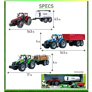 Mozlly Friction Powered Farm Tractor Trailer Toy Set - 16-inch Tractor Trailer Toys for Boys and Girls, Red Water Tank, Blue Farm Tractor, and Green Log Truck Toy, Farming Tractors Playset (3 Sets)