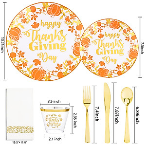 supernal 175pcs Thanksgiving Plastic Dinnerware Set,Gold Plastic Plates with Gold Plastic Silverware,Gold Thanksgiving Plastic Cups,Pumpkin and Maple Leaf Design for Thanksgiving Day Party