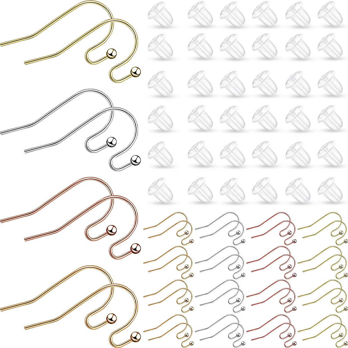220 Pieces French Earring Hooks Ear Wire Ball Dots in Silver with 220 Pieces Clear Earring Backs Kit for Jewelry Making Bag Gift (Gold,Silver,Rose Gold,Bronze)