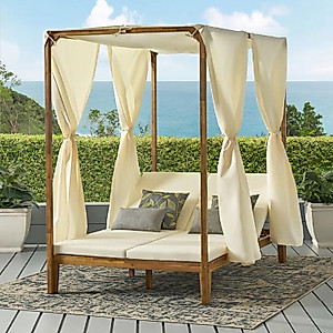 Merax Outdoor Daybed Patio Chaise Lounge,Acacia Wood Sunbed with Adjustable Seats,Overhead Curtains and Thick Cushions for Backyard, Cream