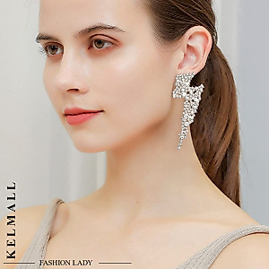 KELMALL Crystal Lightning Bolt Dangle Earrings for Women - Flash Statement Earrings, Trendy Sparkly Drop Jewelry