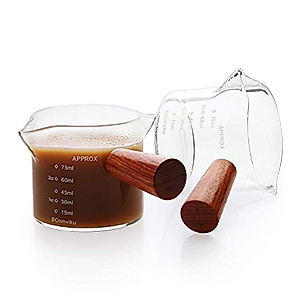1 Pack Double Spouts Measuring Triple Pitcher Milk Cup with Wood Handle 75ML Espresso Shot Glasses Parts Clear Glass By BCnmviku