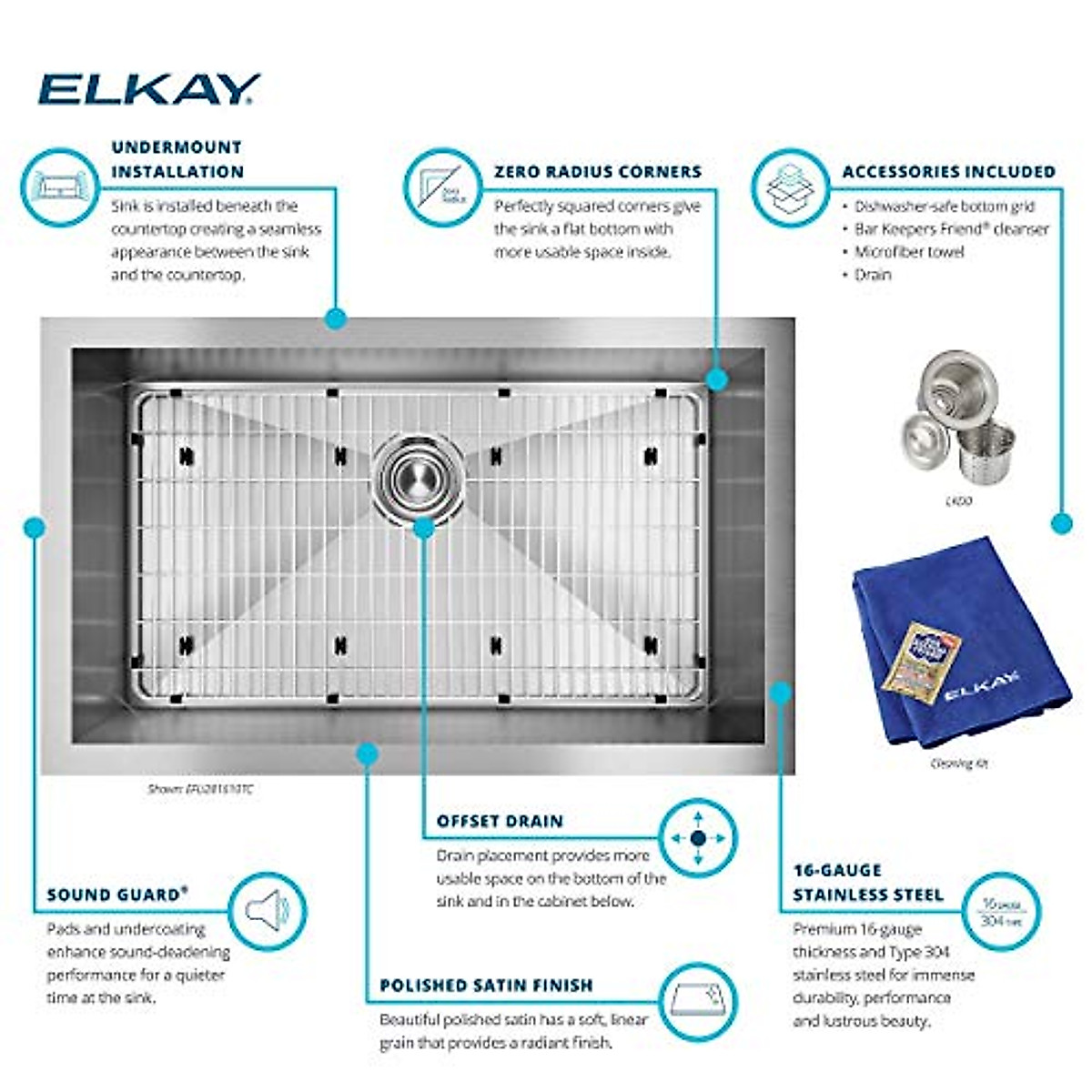 Elkay Crosstown 16 Gauge Stainless Steel, 30-1/2" x 18-1/2" x 10" Single Bowl Undermount Sink Kit