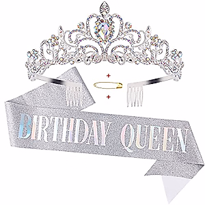 Casoty Birthday Queen Sash & Rhinestone Tiara Set, AB Rhinestones Birthday Crowns for Women, Happy Birthday Queen Tiara for Women with Comb, Birthday Tiara for Women, Birthday Sash and Tiara for Women