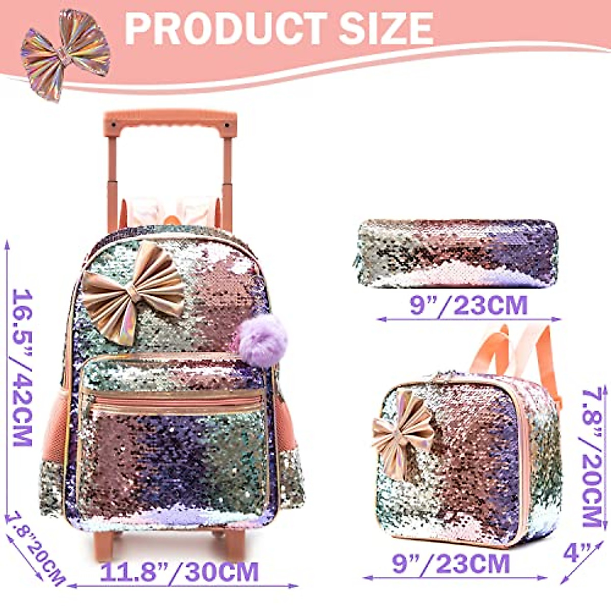 Bowknot Rolling Backpack for Girls Roller Backpacks with Wheels Kids Wheeled Sequin Suitcase Trolley Trip Luggage for Elementary School Student with Lunch Box Pencil Case for Kids 5-12 Years Old