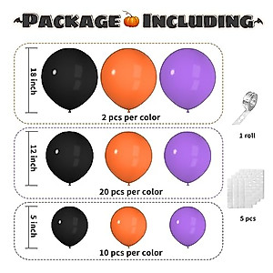 Halloween Balloons Arch Kit 96PCS 5/12/18 Inch Black and Orange and Purple Halloween Balloons Set with Balloon Strip Tape, Adhesive Dots for Halloween Party Decorations