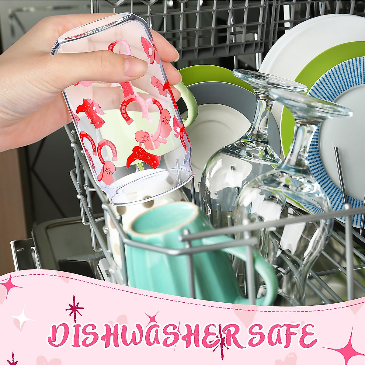 Yaomiao 4 Sets Glass Cups with Bamboo Lids and Straws, 16 oz Drinking Beer Can Iced Coffee Cup with Lid Straw and Cleaning Brush Reusable Tumbler Drinking Glass Coffee Gift Idea (Cowgirl)