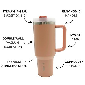 THIRST Quench H2.0 40 oz tumbler with handle and straw | Stainless Steel Tumbler | Insulated Tumbler | Double Wall Mug | Thermos | Cup | Water Bottle (New Generation Lid & Straw) (Rose Quartz)