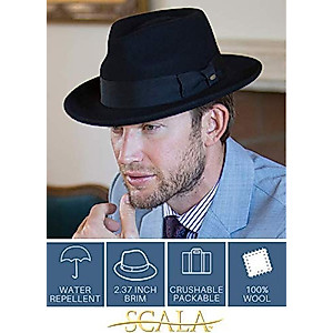 Scala Classico Men's Crushable Water Repelant Wool Felt Fedora Hat, Black, X-Large