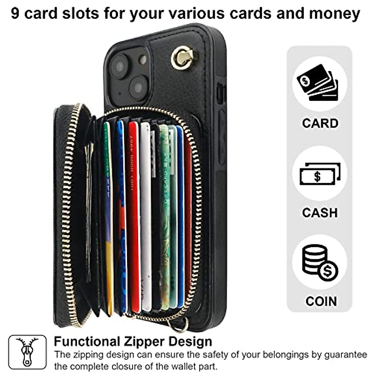 Bocasal Crossbody Wallet Case for iPhone 14, RFID Blocking Leather Purse Case with Card Holder, Protective Handbag Flip Cover with Zipper Wrist Strap Lanyard for Women 5G 6.1 Inch (Black)