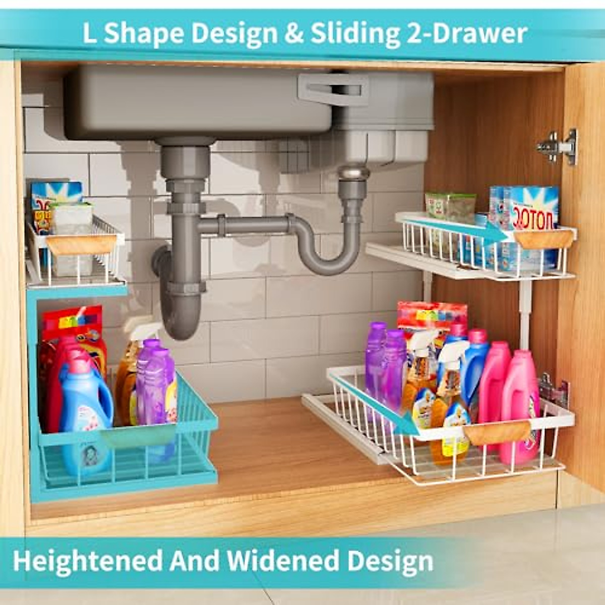 Bravace Under Sink Organizer and Storage - 2-Tier Pull Out Cabinet Organizer with Sliding Drawer L-shape Sliding Shelf Storage Under Bathroom Sink Storage for Kitchen Bathroom(White)