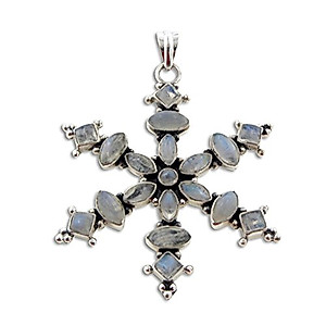 Huge Stunning Sterling Silver Genuine Rainbow Moonstone Snowflake Pendant