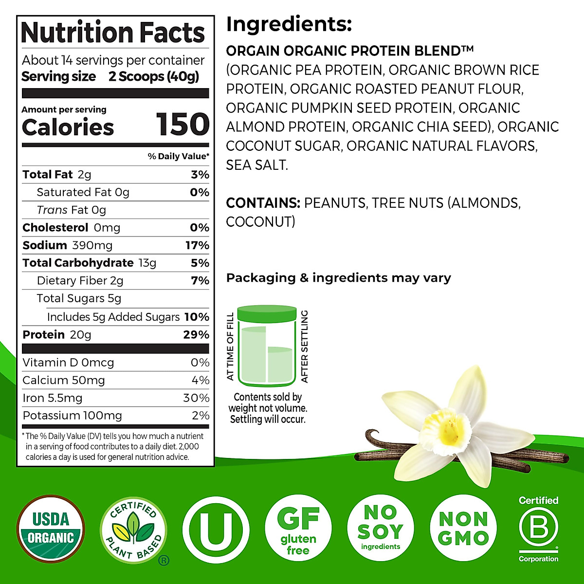Orgain Organic Simple Vegan Protein Powder, Vanilla - 20g Plant Based Protein, With less Ingredients, No Artificial Sweeteners, Gluten Free, No Lactose Ingredients, 1.25 lb (Packaging May Vary)
