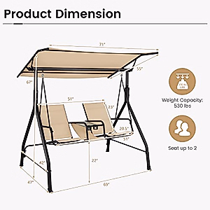 Tangkula 2 Person Porch Swing, Outdoor Swing with Tempered Glass Table, 2 Cup Holder, Patio Swing with Adjustable Canopy for Garden, Porch, Backyard