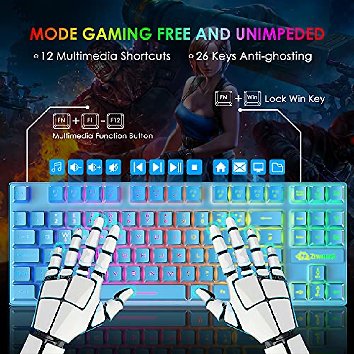 Gaming Keyboard and Mouse Combo,88 Keys Compact Rainbow Backlit Mechanical Feel Keyboard,RGB Backlit 6400 DPI Lightweight Gaming Mouse with Honeycomb Shell for Windows PC Gamers (Blue)
