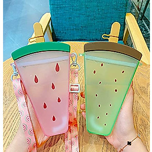 Yunqin plastic water bottle cute watermelon ice cream water bottle with straws anti-fall portable popsicle cup outdoor sports (Green)