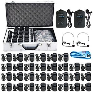 EXMAX EXD-101 2.4G Wireless Tour Guide Monitoring Voice Audio Transmission System + Aluminium Alloy Charge Case for Meeting Church Travel Simultaneous Interpretation - 2 Transmitters & 30 Receivers
