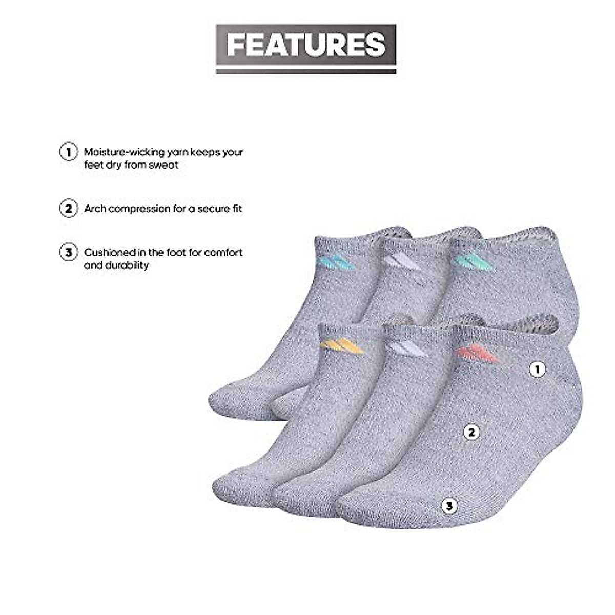 adidas Women's Athletic 6-Pack Show Socks for Secure Fit, Cushioned Comfort, Low Profile, Grey/Bliss Pop/Clear Mint, M