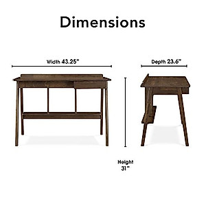 Finch Darren Home Office Drawer Mid Century Accent Desk, 43 Inch Wide Simple Modern Study Table, Walnut Brown
