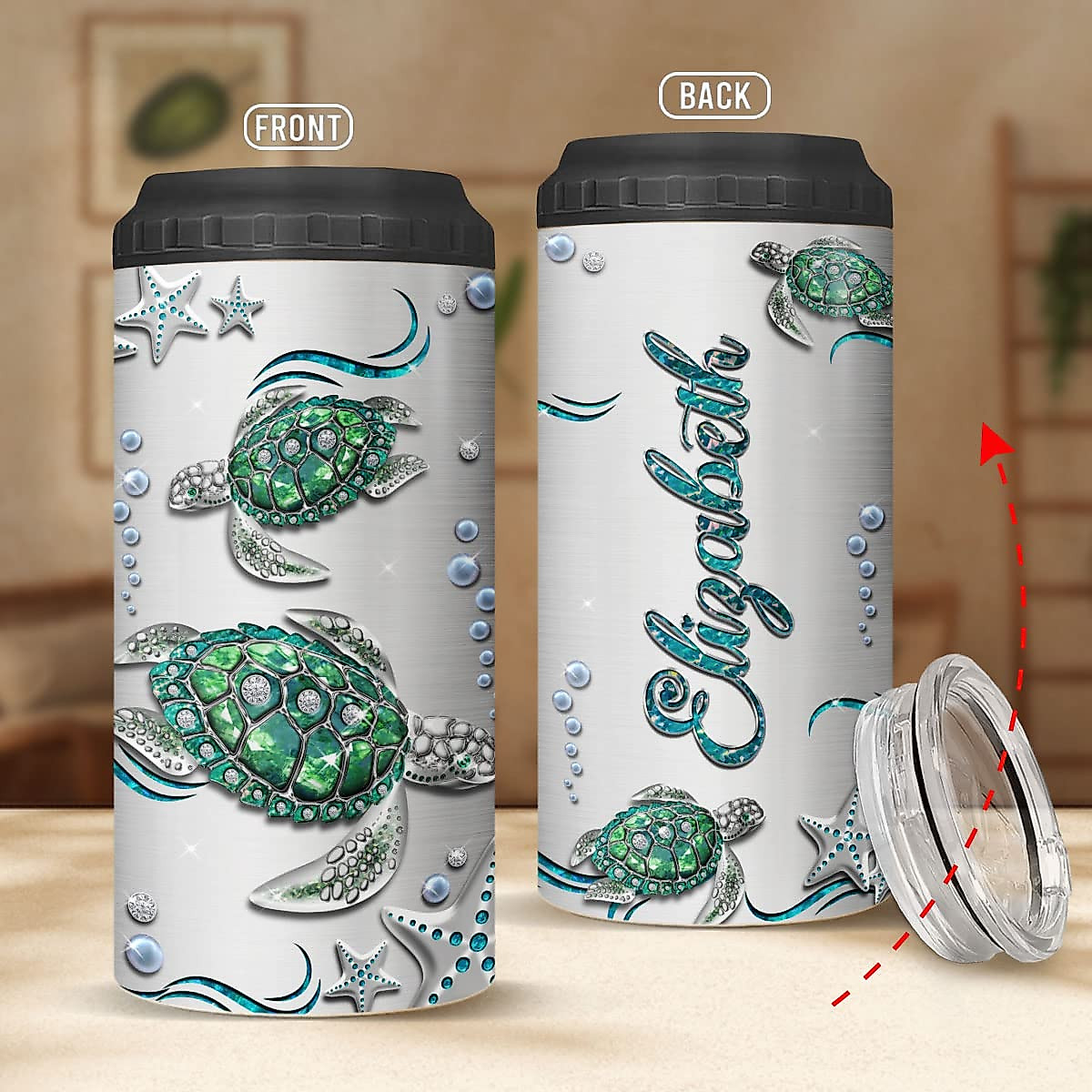 ZOXIX Sea Turtle Can Cooler Tumbler 16oz 4-in-1 Can Holder Travel Mug Jewelry Style Stainless Steel Insulated Cup Ocean Animal Turtles Mothers Day Personalized Name Gifts For Mom