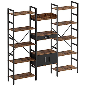 IRONCK Bookcase and Bookshelf 5 Tier Display Shelf, Metal and Wood Bookshelves Cabinet and Drawer Storage, Freestanding Multifunctional Decorative Shelving for Home Office, Vintage Brown